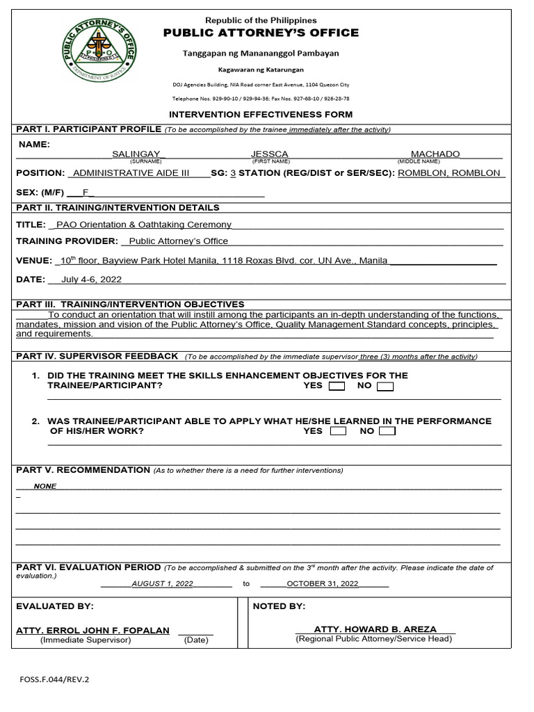 Intervention Effectiveness Form (FOSS.F.044-Rev.2) | PDF