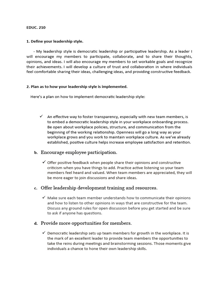 Educ 210 Leadership Style | PDF | Leadership | Decision Making
