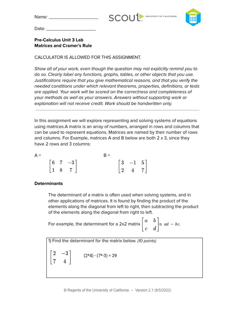 PreCalc Unit 3 Lab | PDF | Matrix (Mathematics) | Determinant