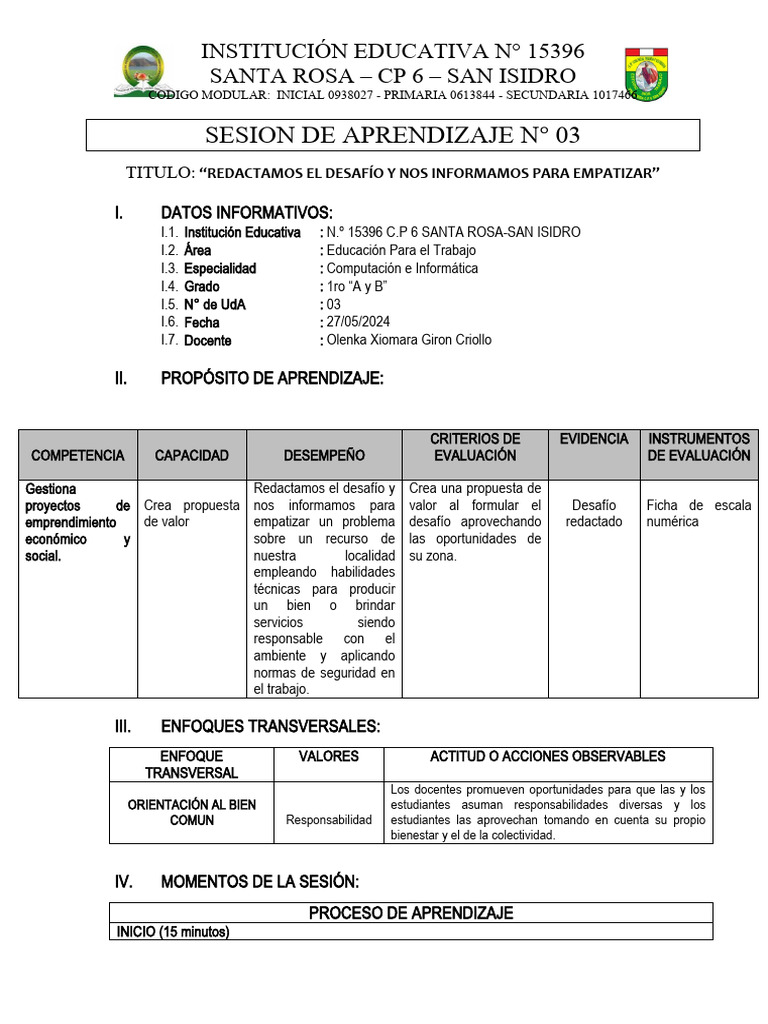 Sesion 03-Primer Grado | PDF | Evaluación | Aprendizaje
