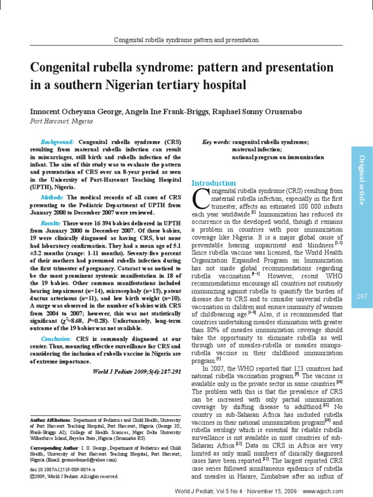 Congenital Rubella Syndrome: Pattern and Presentation in A Southern ...