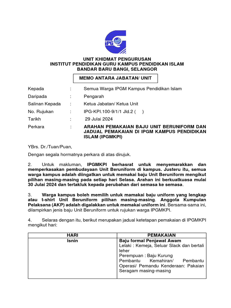 Memo Pemakaian Baju Unit Beruniform Dan Jadual Pemakaian Mengikut Hari ...