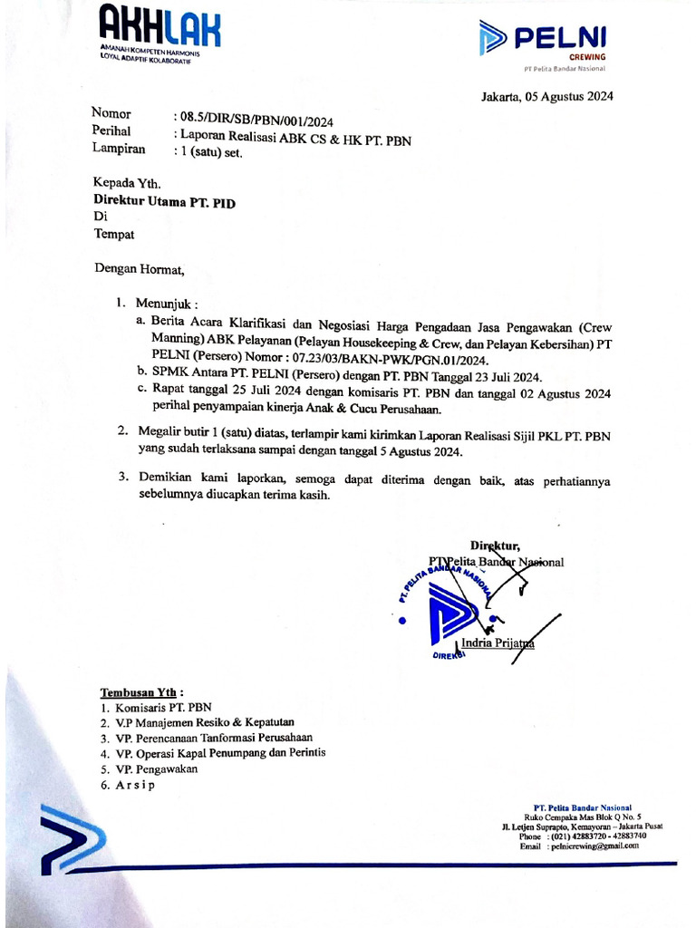 Surat Laporan Realisasi ABK CS & HK PT PBN | PDF