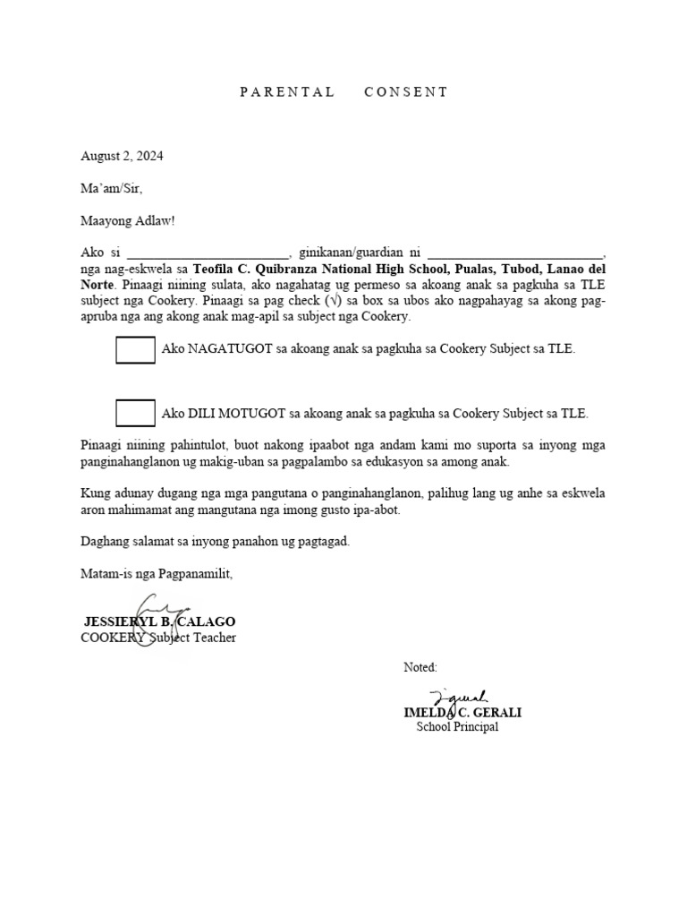Cookery Consent Letter | PDF