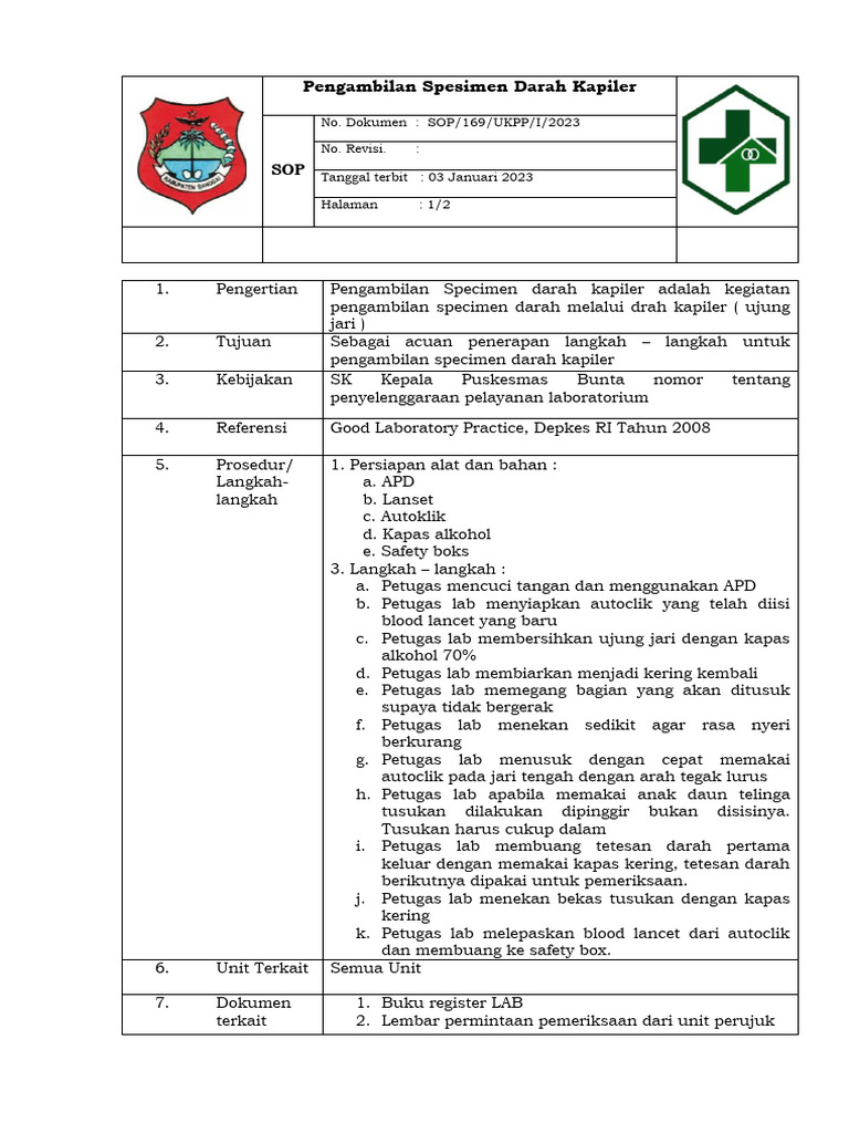 3.9.1.c SOP Pengambilan Spesimen Darah Kapiler | PDF