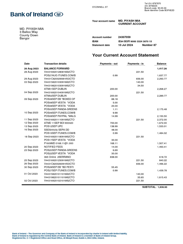 Bank of Ireland Account Statement | PDF | Banks | Deposit Account