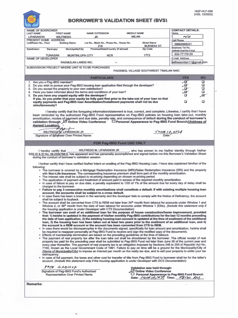 Pag-Ibig Barrowers Validation Sheet (BVS) | PDF