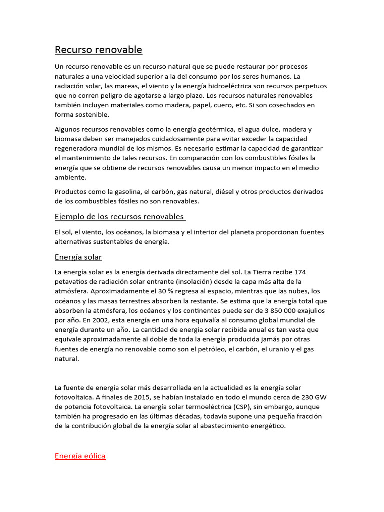 Recurso Renovable: Ejemplo de Los Recursos Renovables | PDF | Recursos renovables | Agua