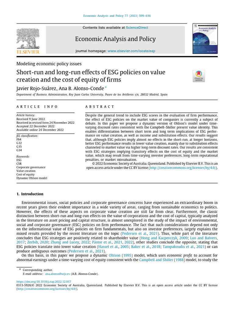Short-Run and Long-Run Effects of ESG Policies On Value Creation and The COE of Firms | PDF ...