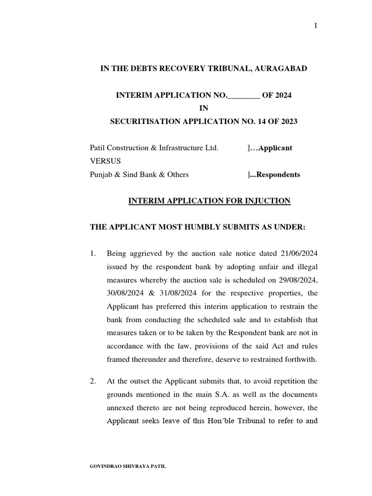 Interim Application for Injunction in DRT | PDF | Affidavit | Auction