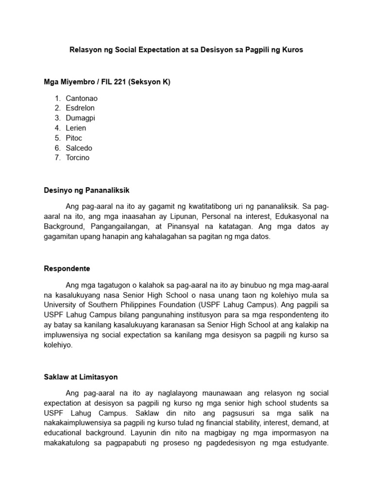 Relasyon NG Social Expectation at Sa Desisyon Sa Pagpili NG Kuros | PDF Relasyon NG Social Expectation at Sa Desisyon Sa Pagpili NG Kuros | PDF