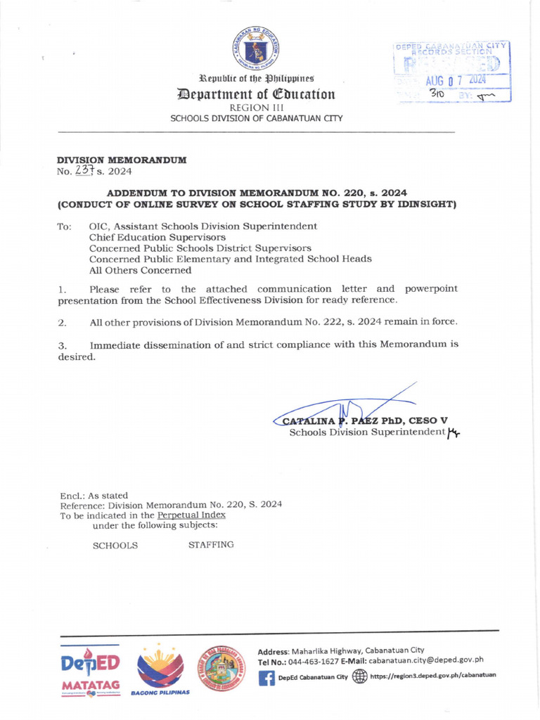 DM No. 237, S. 2024 - ADDENDUM TO DIVISION MEMORANDUM NO. 220, S 2024 ...