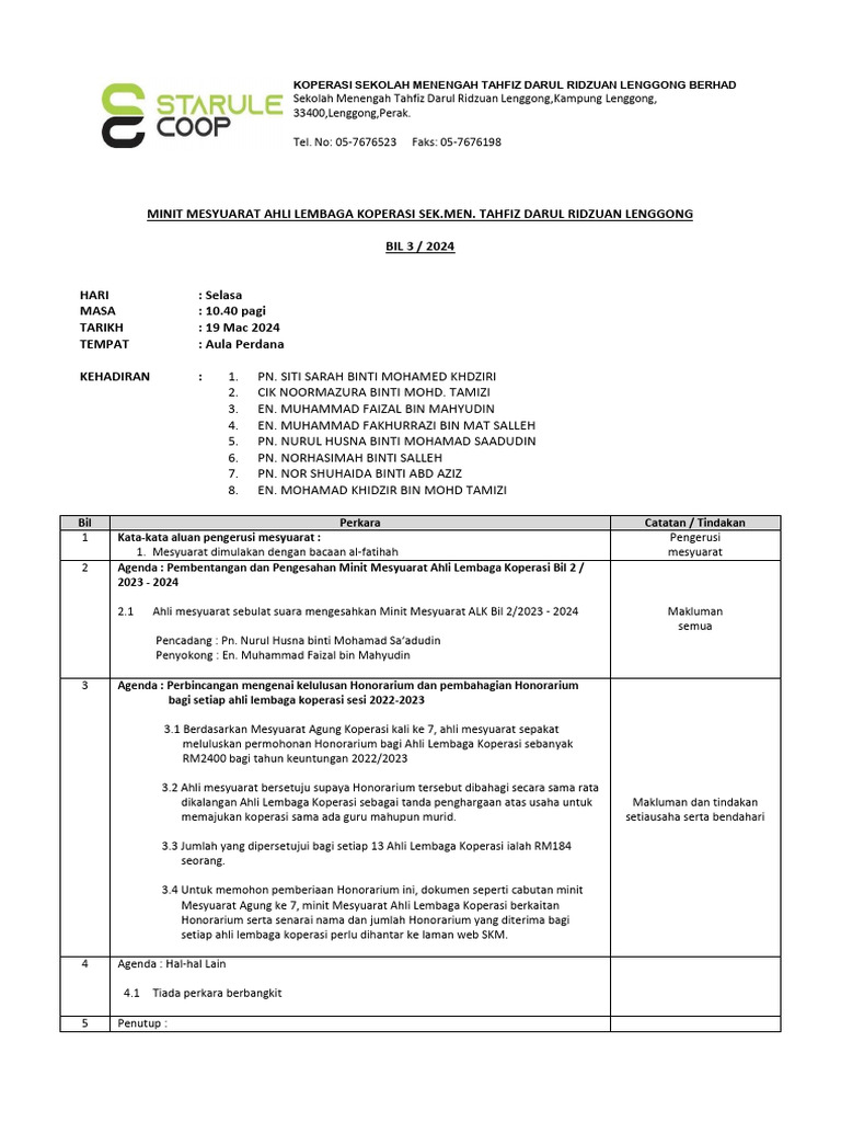 Minit Mesyuarat Alk 2023-2024 (Honorarium) | PDF