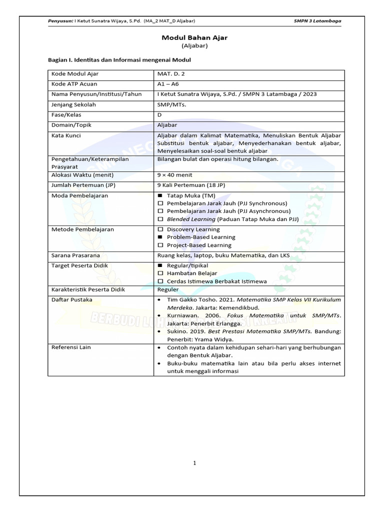 Modul Ajar Matematika Kls 7 | PDF