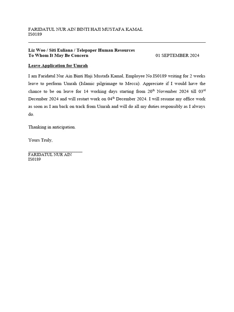 Leave Application For Umrah | PDF