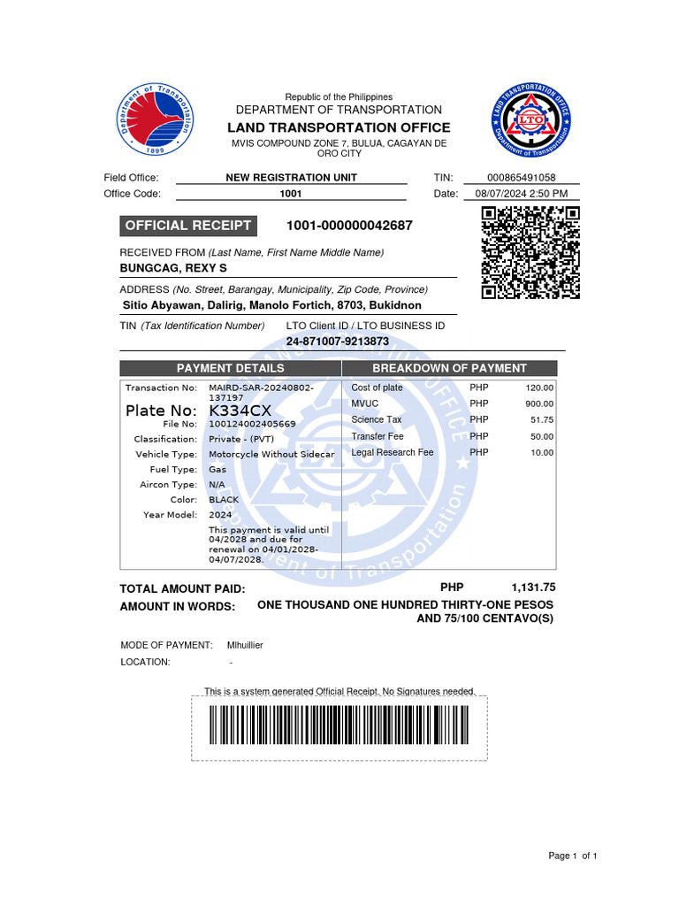 LTO Official Receipt for Registration 2024 | PDF | Vehicles | Transport