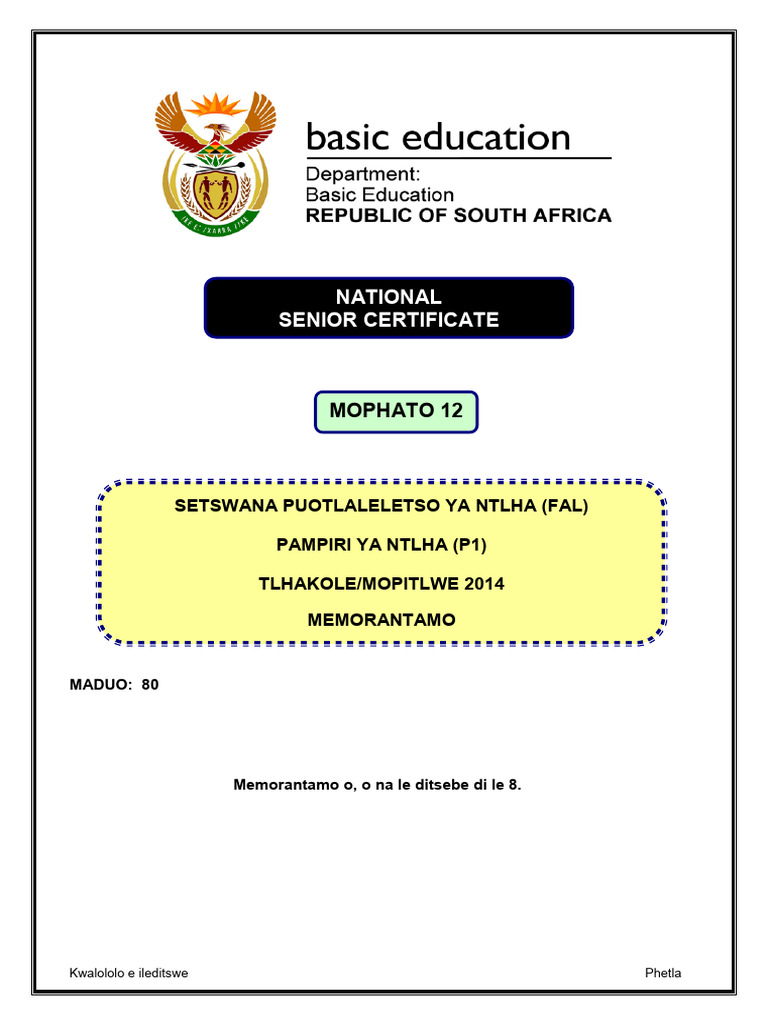 Setswana Grade 12 Exam Memorandum | PDF | Linguistics | Languages