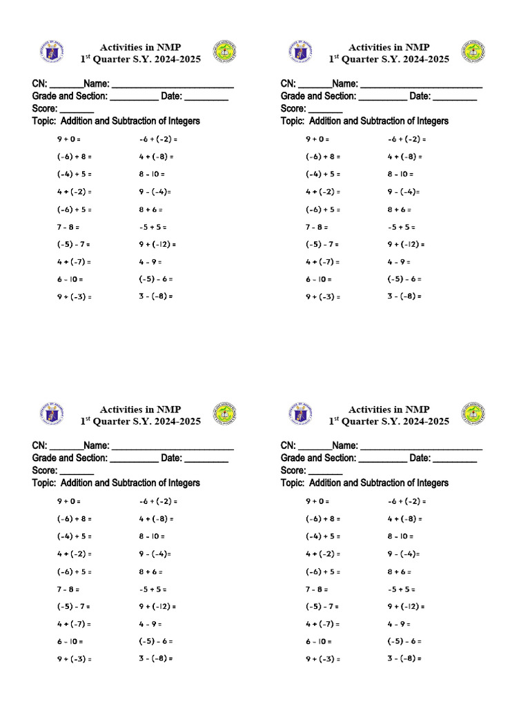 Addition and Subtraction of Integers | PDF