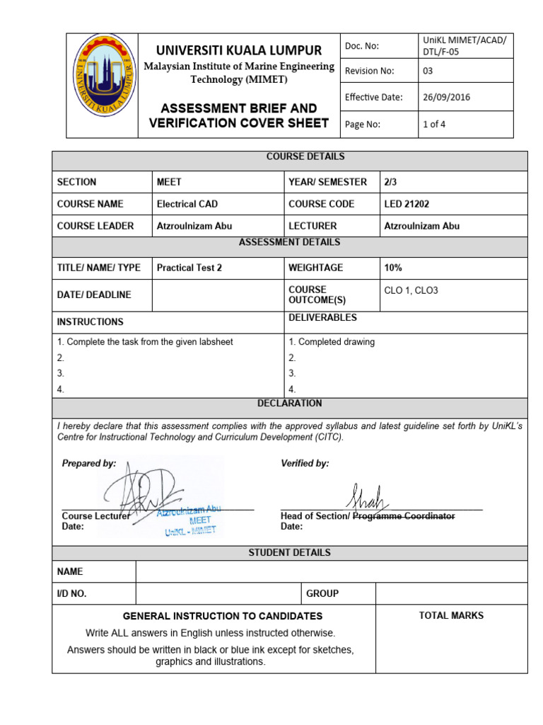 UniKL MIMET Electrical CAD Assessment | PDF