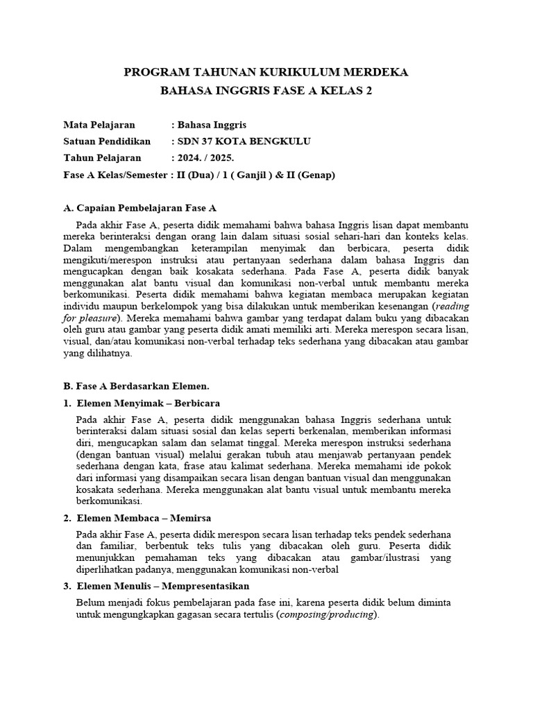 Prota B.ing Kelas 2 Kurmer | PDF | Seni & Disiplin Bahasa