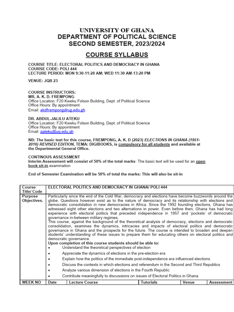 POLI 444 Course Outline - 2024 Main Campus | PDF | Elections | Ghana POLI 444 Course Outline - 2024 Main Campus | PDF | Elections | Ghana