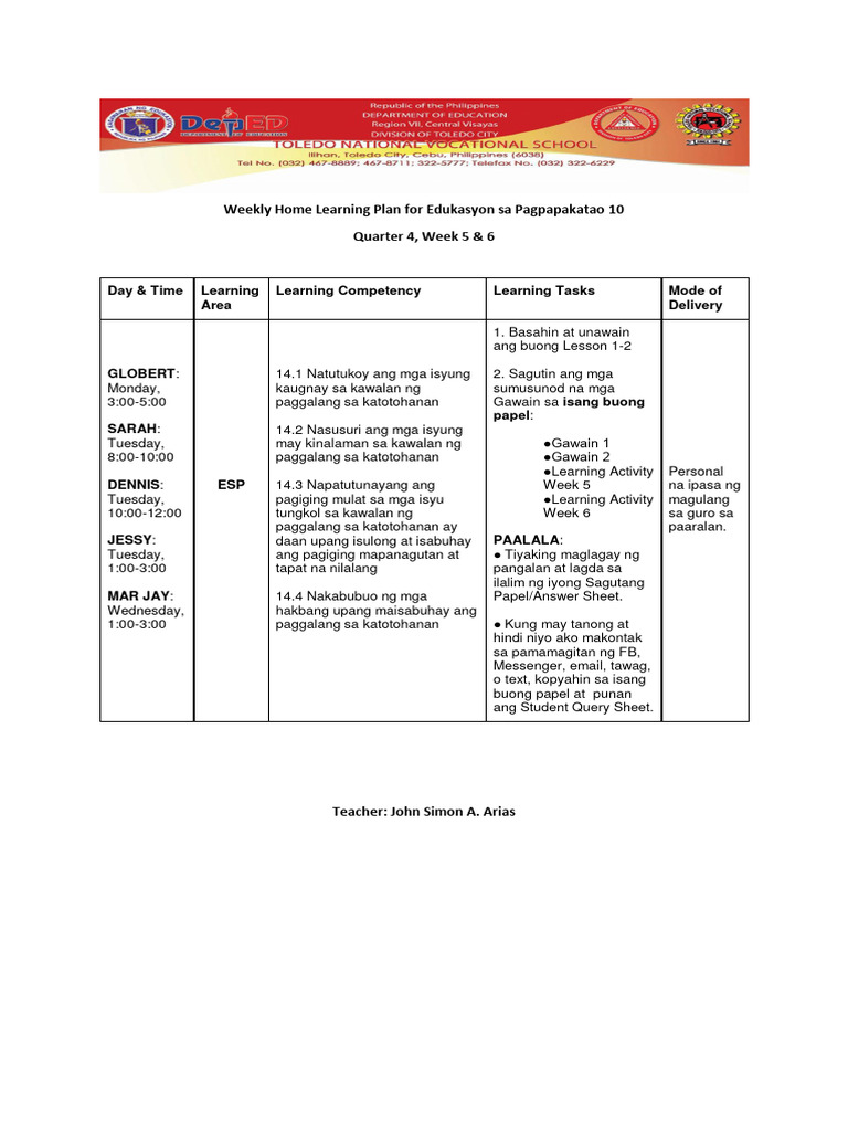 ESP 10 Q4W5 6 Mini Lesson With WHLP and LAS | PDF