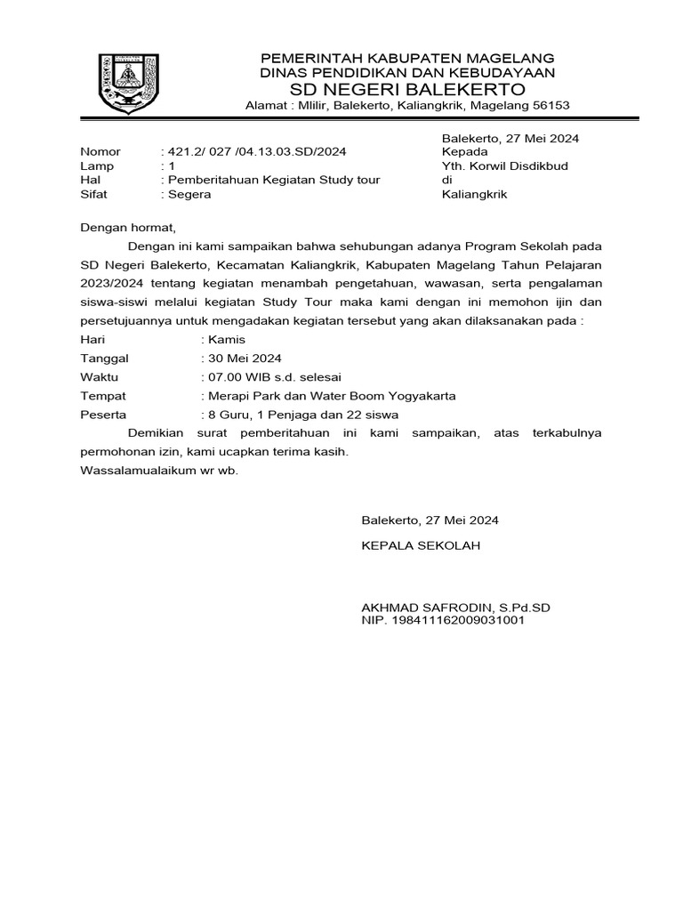 Surat Pemberitahuan Study Tour SDN Balekerto | PDF