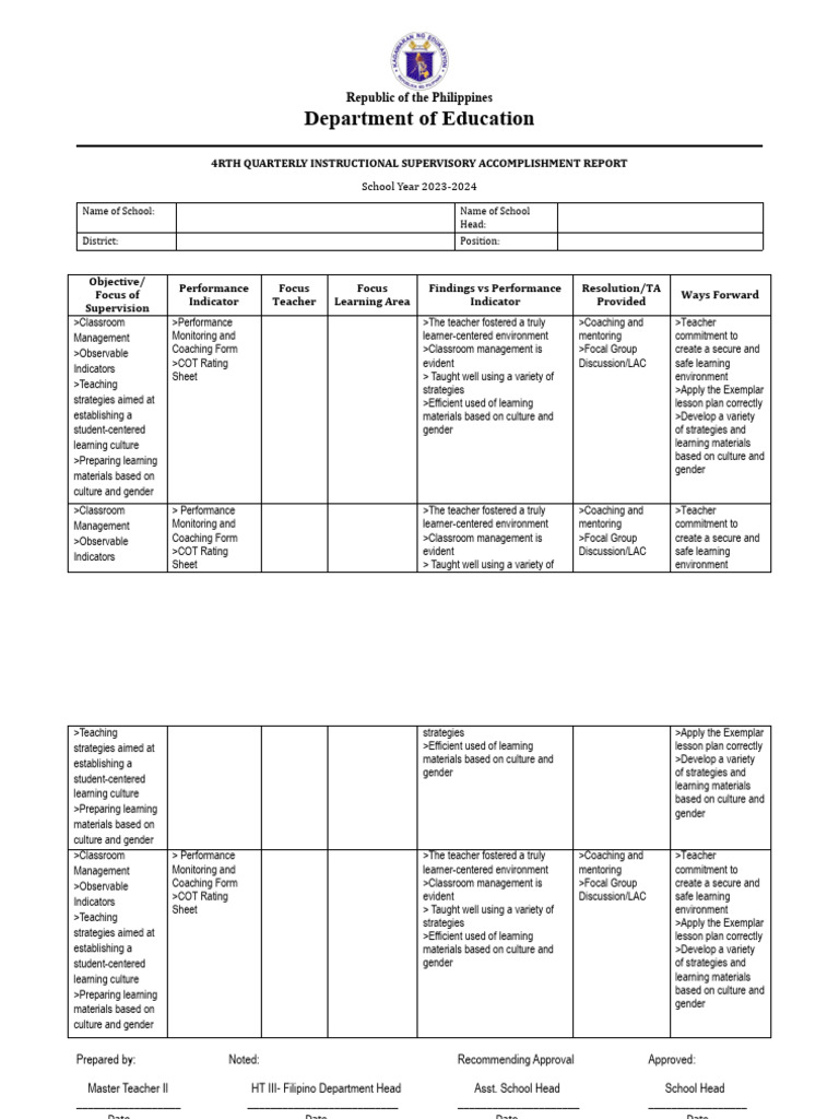 4rth Quarter Accomplishment Pdf Cognition Pedagogy