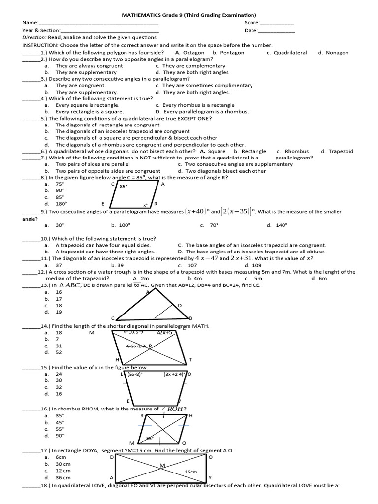 3Q Math 9 TQ | PDF | Rectangle | Perpendicular