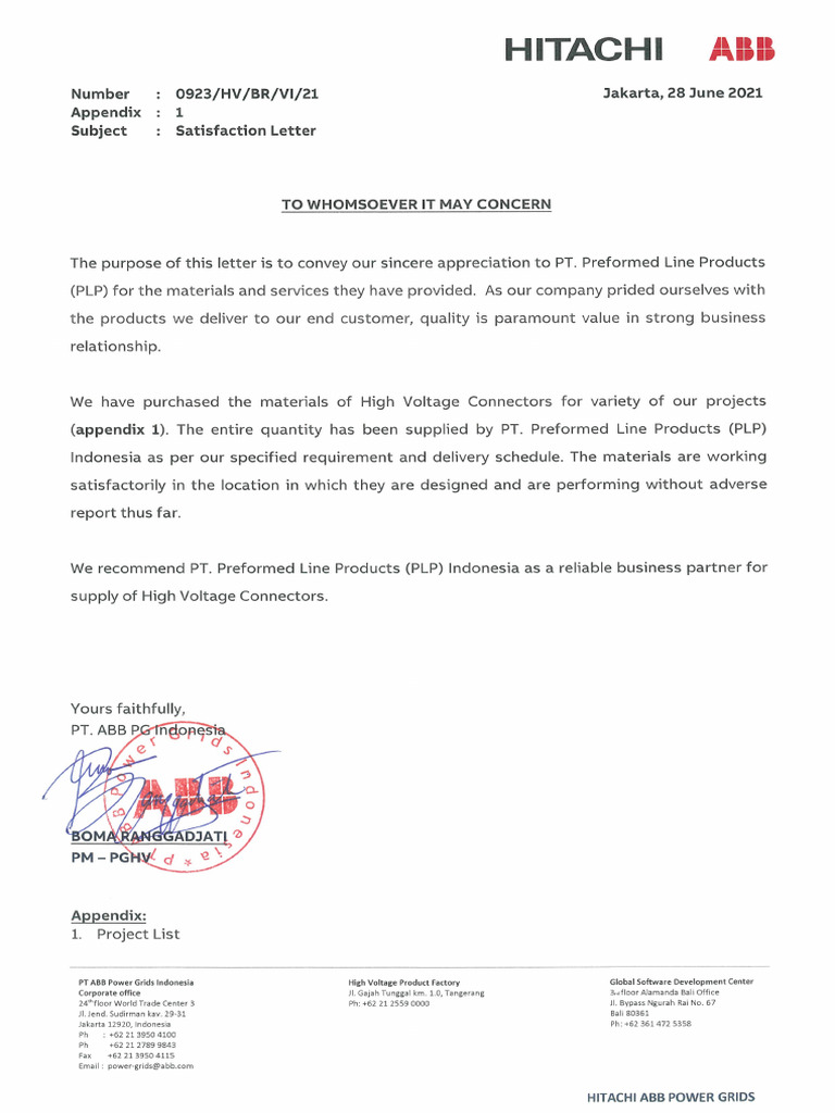 PLP Satisfaction Letter - ABB PG HITACHI | PDF | Power Engineering | Electricity