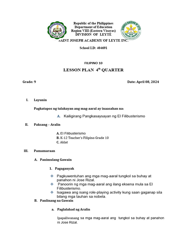 Filipino 10 4th QUARTER Lessonplan | PDF