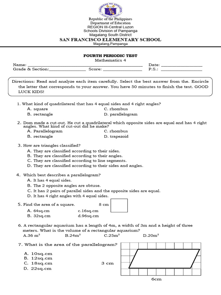 PT Math 4 - Q4 - 2023 2024 | PDF | Rectangle | Euclid