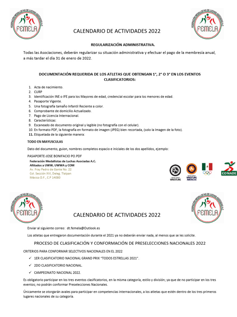 Calendario Oficial Femela Estados | PDF | México | Eventos deportivos ...