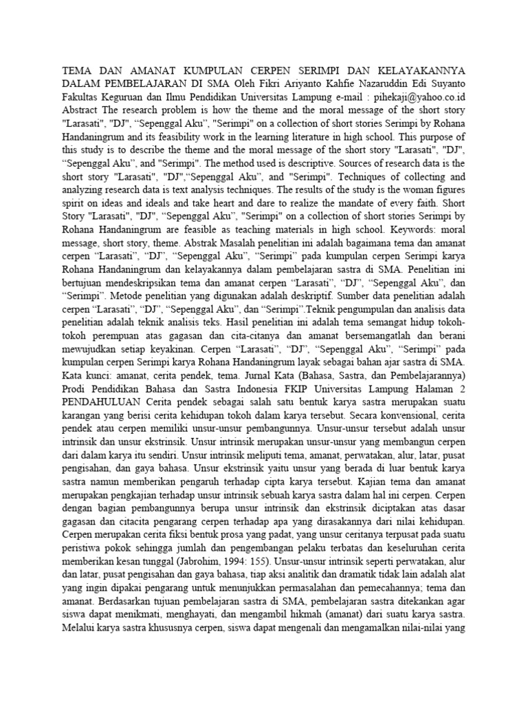 Tema Dan Amanat Kumpulan Cerpen Serimpi Dan Kelayakannya Dalam ...