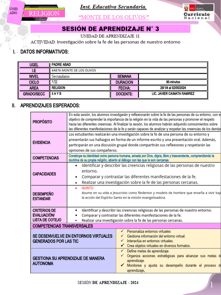 Sesion 5 Unidad 3 Semana 3 | PDF | Fe | Aprendizaje