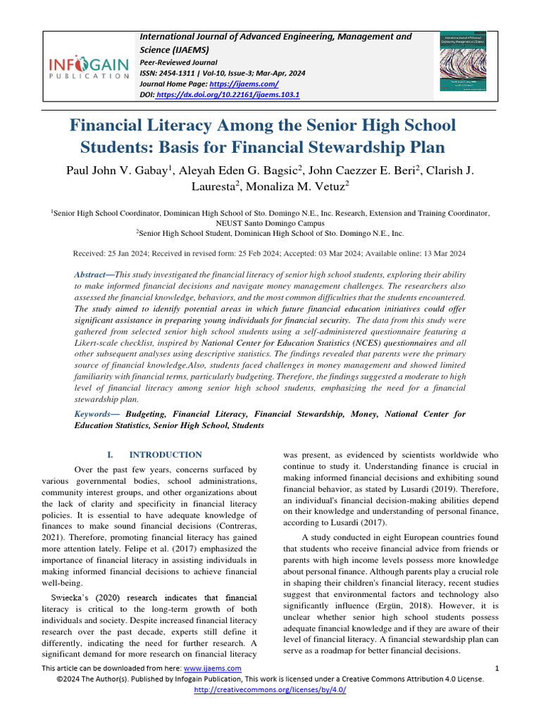 Financial Literacy Among The Senior High School ST | PDF | Banks | Cash
