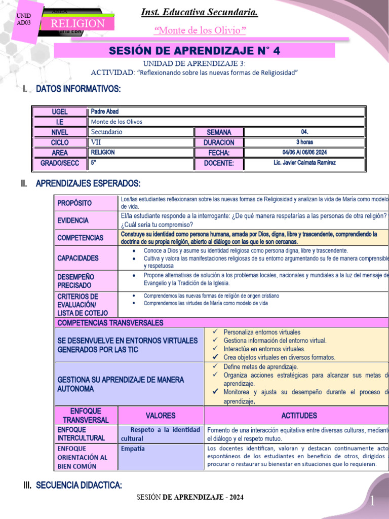 Sesion 5 Unidad 3 Semana 4 Uni. 3 | PDF | María, madre de Jesús | Fe