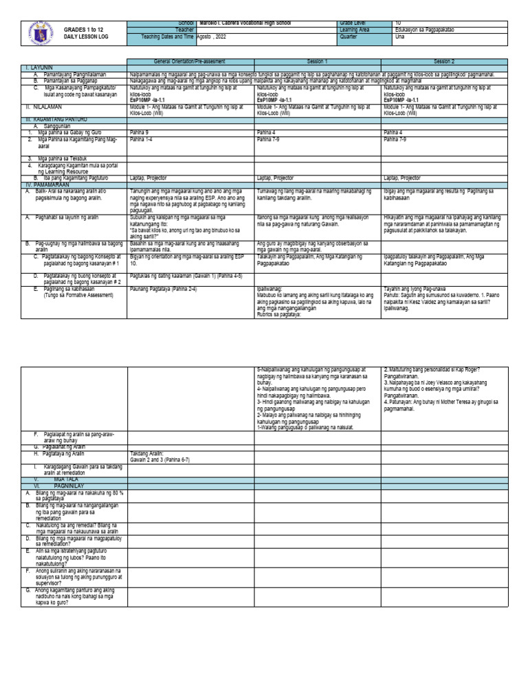 DLL Esp 10 Unit 1 Module 1 Week 1 | PDF