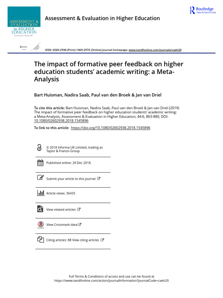 The Impact of Formative Peer Feedback On Higher Education Students ...