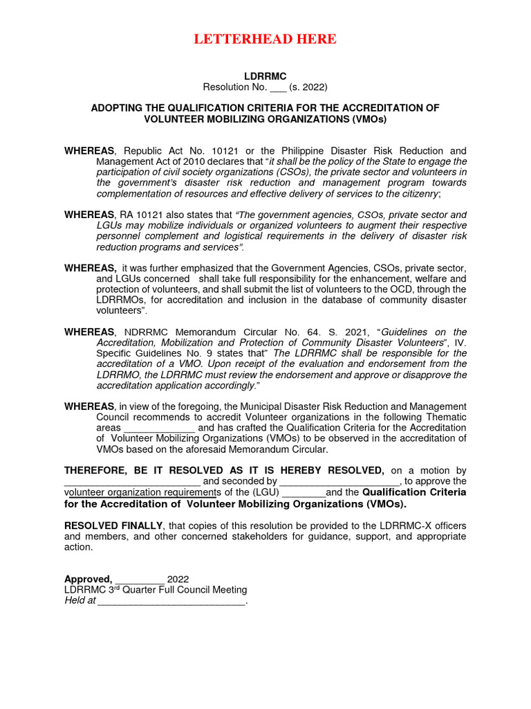 TEMPLATE ACDV-LDRMMC RESO and GUIDELINES | PDF | Volunteering | Government