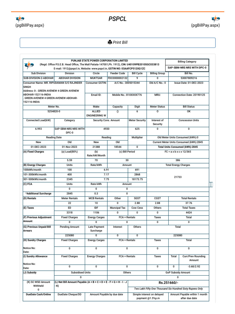 PSPCL Bill 3005015344 Due On 2023-DEC-18 | PDF | Taxation | Taxes