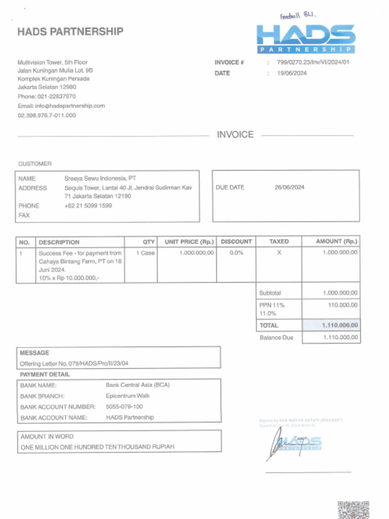 HADS Partnership 250624 799 IDR 1110000 Feedmill BLJ | PDF