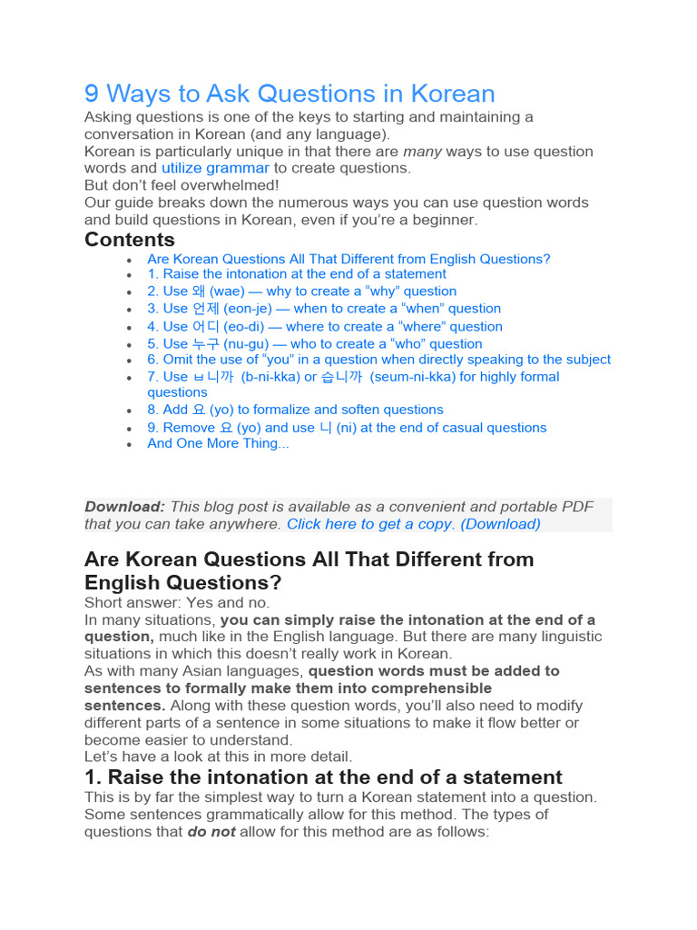 9 Ways To Ask Questions in Korean | PDF | Question | Subject (Grammar)