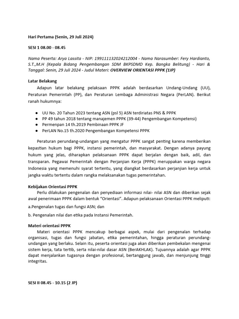 Resume Hari Pertama Orientasi PPPK 2024 Angkatan II Kota Pangkalpinang | PDF