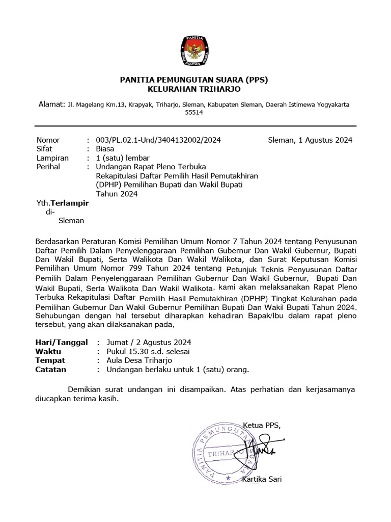 Triharjo - Undangan Rapat Pleno DPHP | PDF