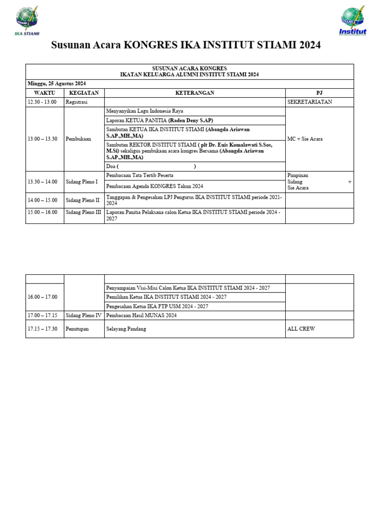 Susunan Acara KONGRES IKA INSTITUT STIAMI 2024 | PDF