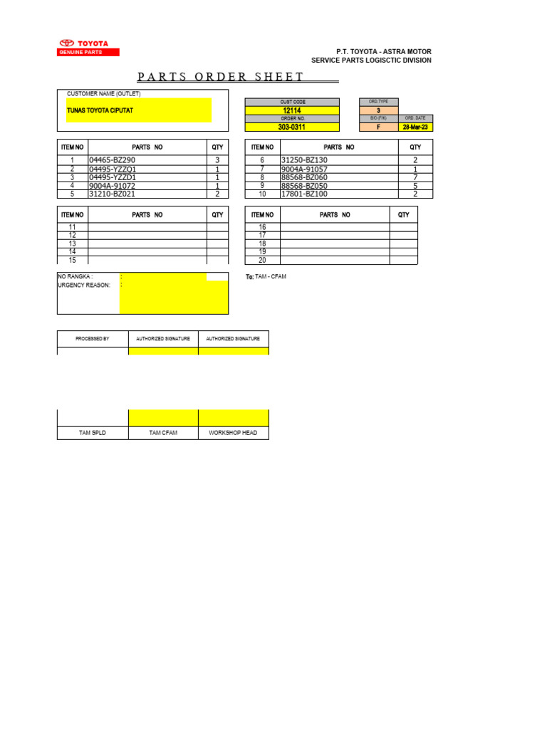 Toyota Parts Order Sheet 2023 | PDF | Vehicle Parts | Vehicle Technology