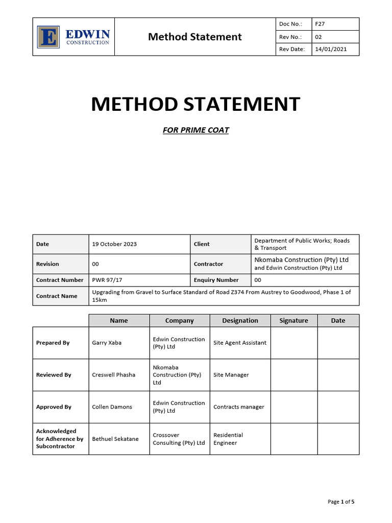 F27 - Prime Method Statement Rev00 | PDF | Road | Concrete