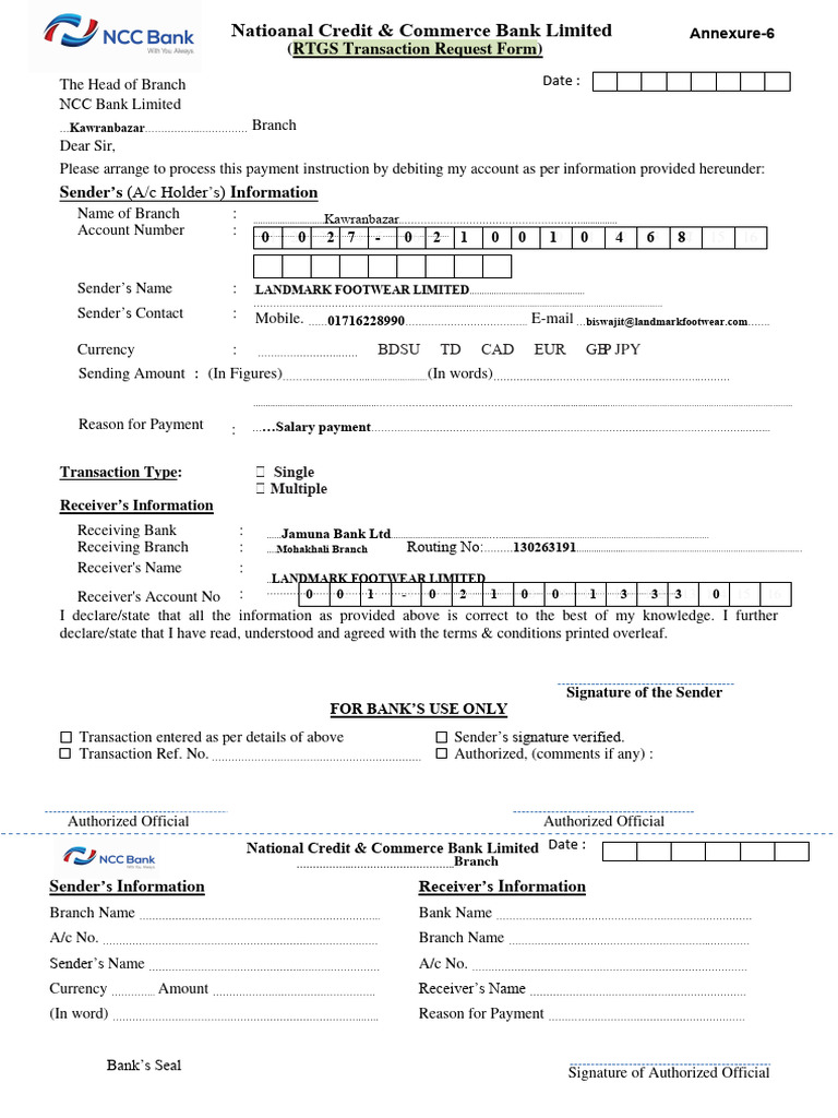 Rtgs Form NCC CD To JB | PDF | Banks | Debit Card