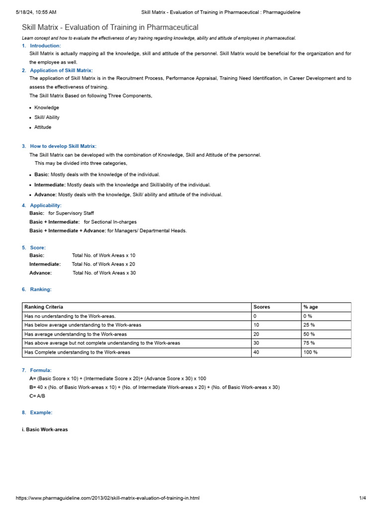 Skill Matrix for Pharmaceutical Training Evaluation | PDF ...